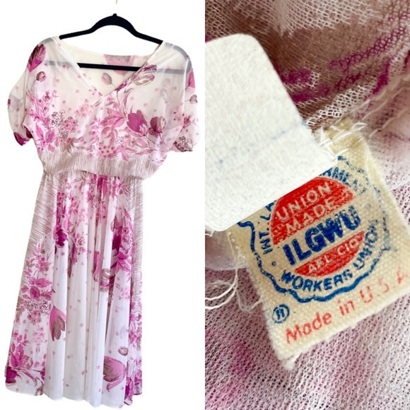Vintage | Dresses | Vintage Floral Sheer Ilgwu Union Usa Made Boho Midi ...
